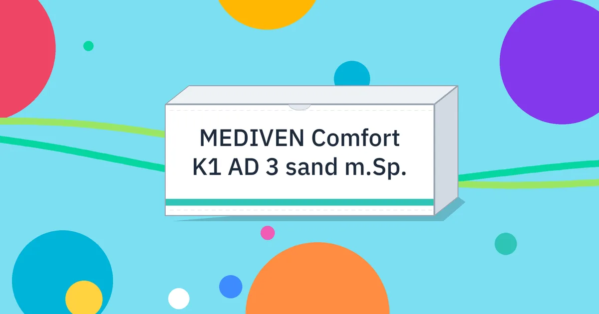 Symbolbild: Packung mit der Aufschrift MEDIVEN Comfort K1 AD 3 sand m.Sp. (PZN 19005750) – Verfügbarkeit und Bezug in Apotheken in Frankfurt am Main