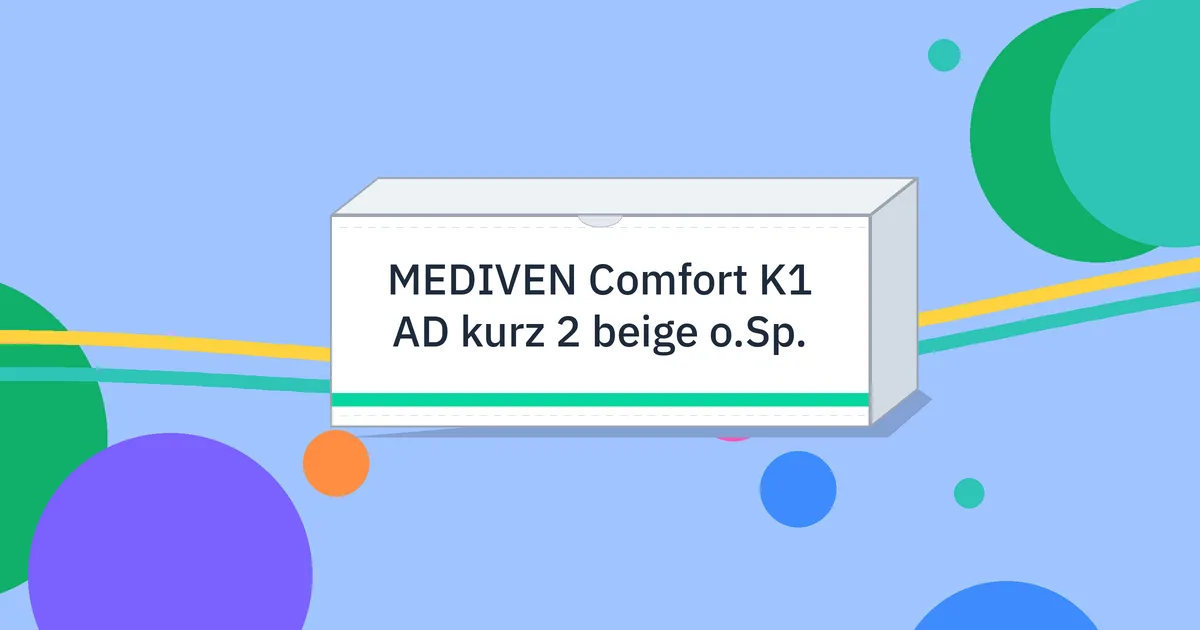 Symbolbild: Packung mit der Aufschrift MEDIVEN Comfort K1 AD kurz 2 beige o.Sp. (PZN 14563190) – Verfügbarkeit und Bezug in Apotheken in Frankfurt am Main