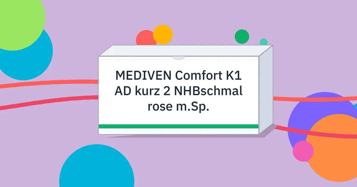 Symbolbild: Packung mit der Aufschrift MEDIVEN Comfort K1 AD kurz 2 NHBschmal rose m.Sp. (PZN 14557628) – Verfügbarkeit und Bezug in Apotheken in Frankfurt am Main
