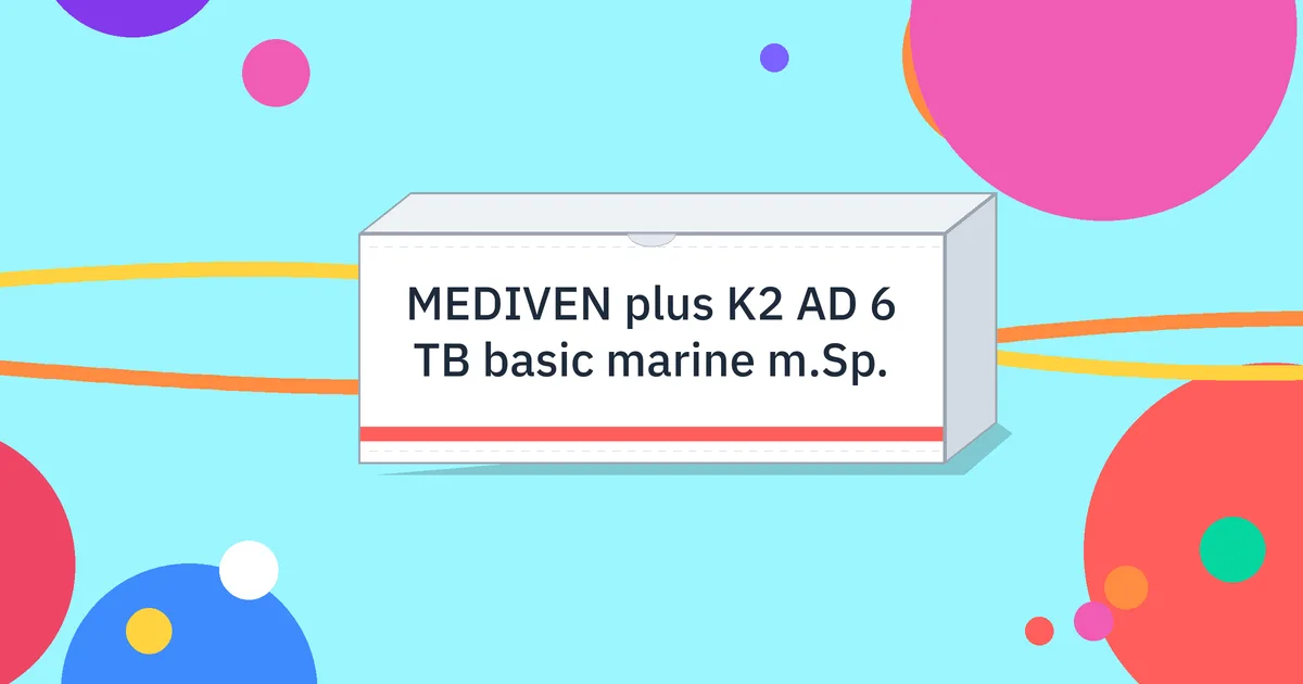 Symbolbild: Packung mit der Aufschrift MEDIVEN plus K2 AD 6 TB basic marine m.Sp. (PZN 15093800) – Verfügbarkeit und Bezug in Apotheken in Frankfurt am Main