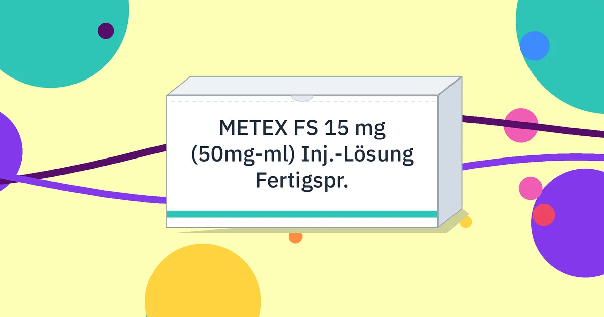 Symbolbild: Packung mit der Aufschrift METEX FS 15 mg (50mg-ml) Inj.-Lösung Fertigspr. (PZN 19306782) – Verfügbarkeit und Bezug in Apotheken in Frankfurt am Main