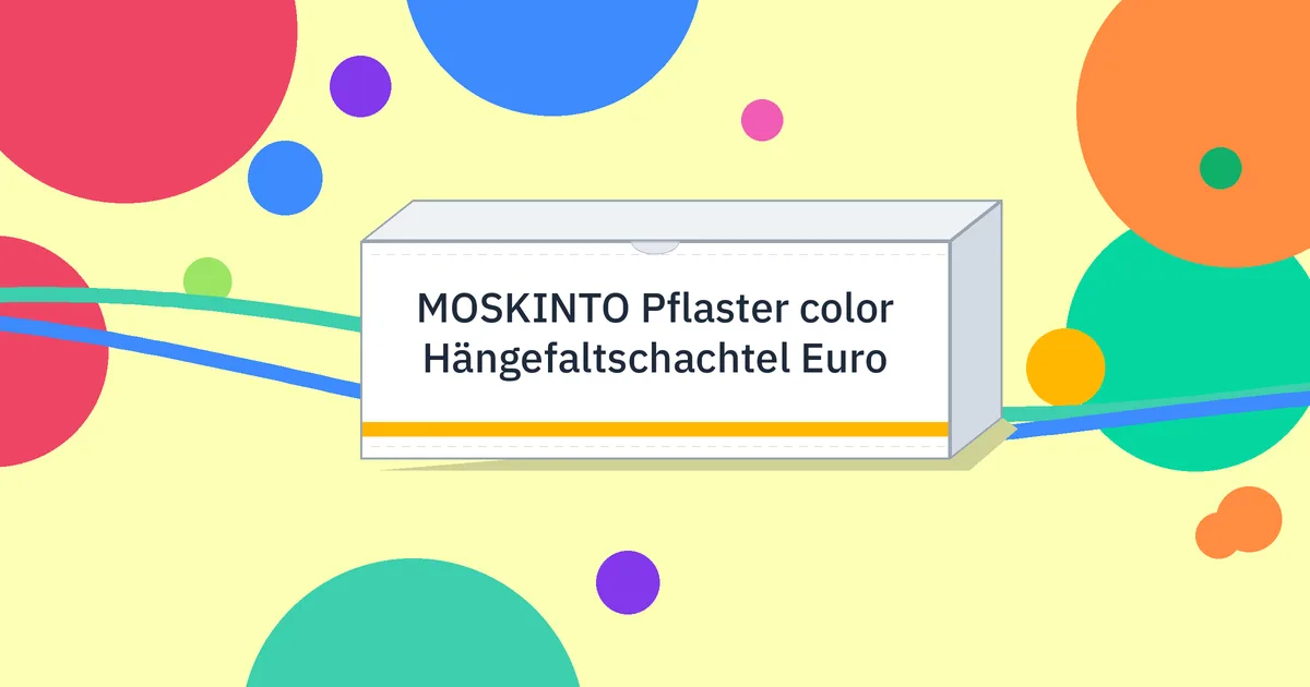 Symbolbild: Packung mit der Aufschrift MOSKINTO Pflaster color Hängefaltschachtel Euro (PZN 19720808) – Verfügbarkeit und Bezug in Apotheken in Frankfurt am Main