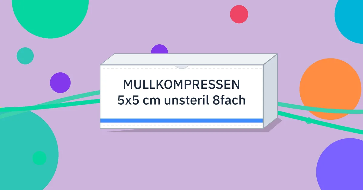 Symbolbild: Packung mit der Aufschrift MULLKOMPRESSEN 5x5 cm unsteril 8fach (PZN 07099651) – Verfügbarkeit und Bezug in Apotheken in Frankfurt am Main