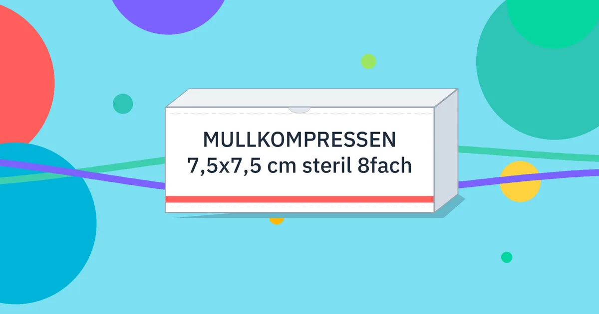 Symbolbild: Packung mit der Aufschrift MULLKOMPRESSEN 7,5x7,5 cm steril 8fach (PZN 03856138) – Verfügbarkeit und Bezug in Apotheken in Frankfurt am Main