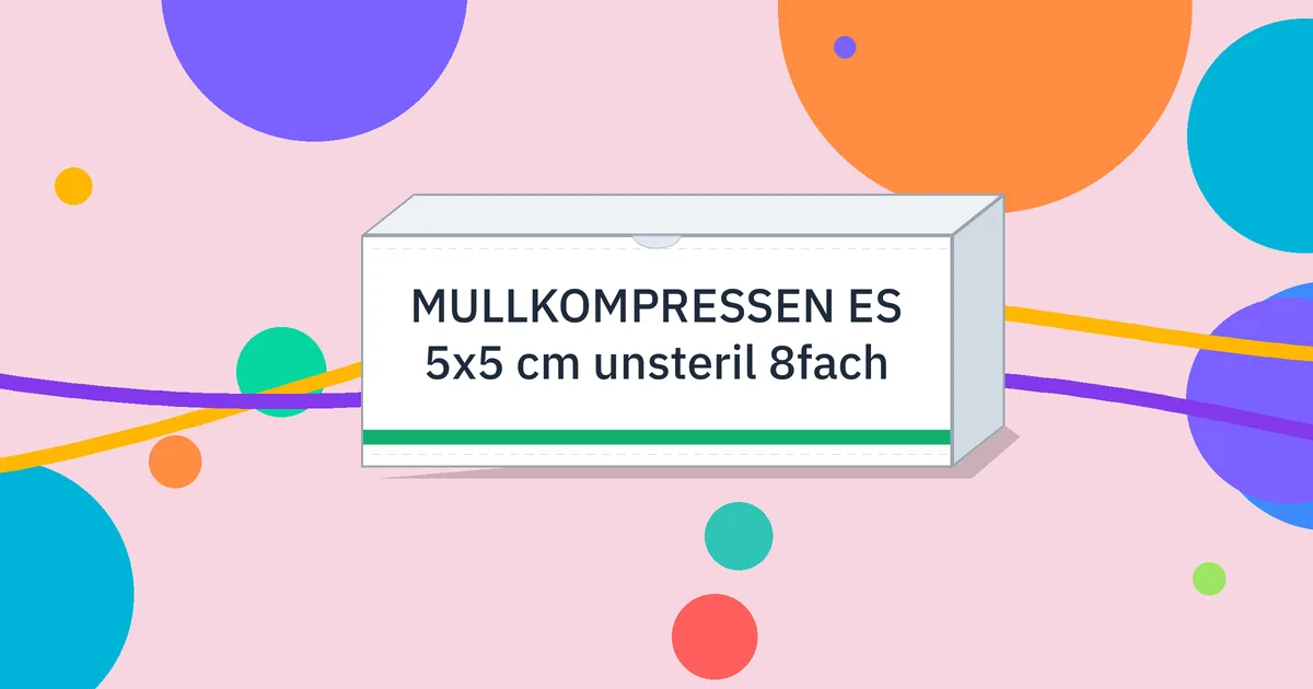 Symbolbild: Packung mit der Aufschrift MULLKOMPRESSEN ES 5x5 cm unsteril 8fach (PZN 07388993) – Verfügbarkeit und Bezug in Apotheken in Frankfurt am Main