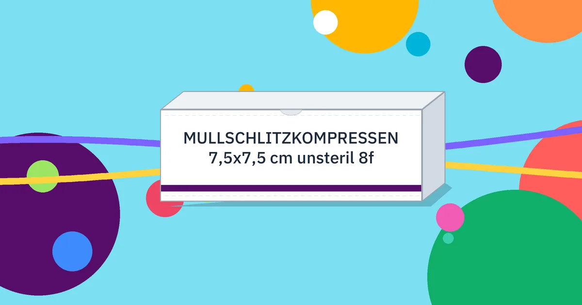 Symbolbild: Packung mit der Aufschrift MULLSCHLITZKOMPRESSEN 7,5x7,5 cm unsteril 8f (PZN 12491084) – Verfügbarkeit und Bezug in Apotheken in Frankfurt am Main