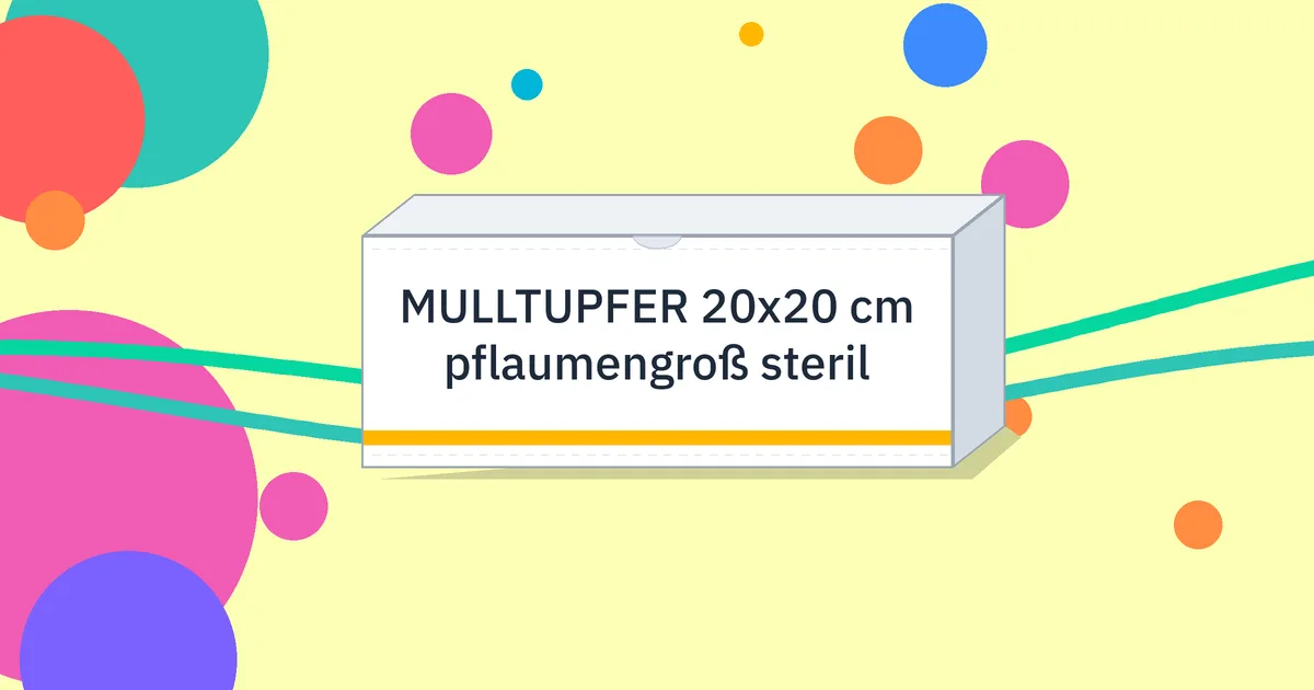 Symbolbild: Packung mit der Aufschrift MULLTUPFER 20x20 cm pflaumengroß steril (PZN 07118383) – Verfügbarkeit und Bezug in Apotheken in Frankfurt am Main