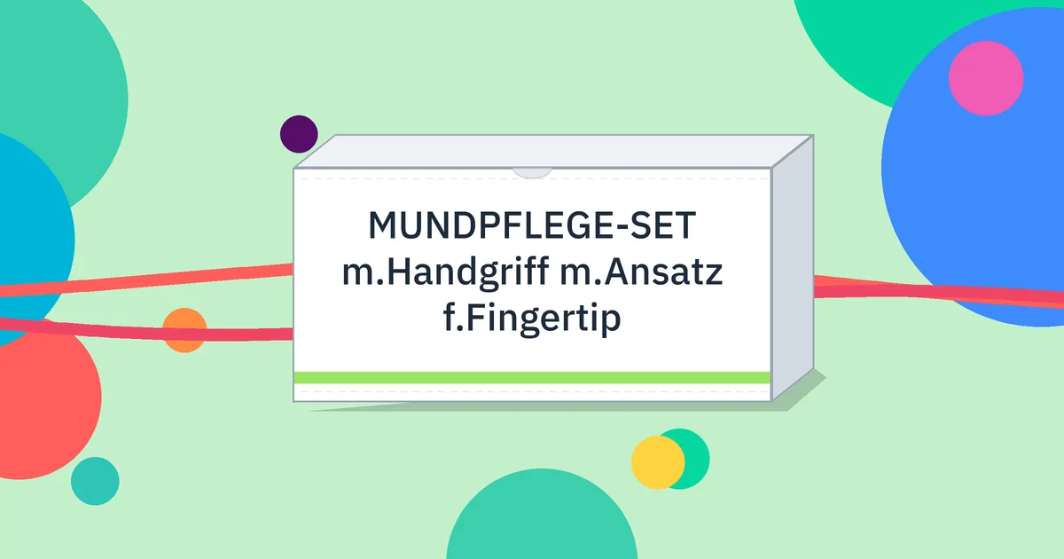 Symbolbild: Packung mit der Aufschrift MUNDPFLEGE-SET m.Handgriff m.Ansatz f.Fingertip (PZN 15882690) – Verfügbarkeit und Bezug in Apotheken in Frankfurt am Main
