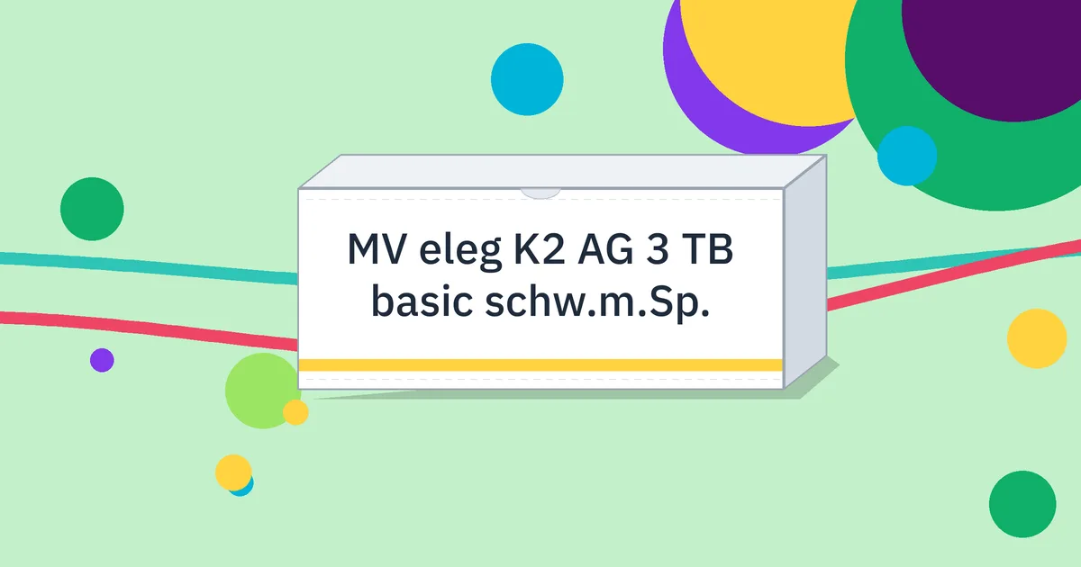 Symbolbild: Packung mit der Aufschrift MV eleg K2 AG 3 TB basic schw.m.Sp. (PZN 00221333) – Verfügbarkeit und Bezug in Apotheken in Frankfurt am Main