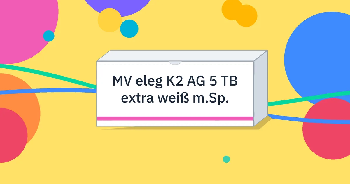 Symbolbild: Packung mit der Aufschrift MV eleg K2 AG 5 TB extra weiß m.Sp. (PZN 09877153) – Verfügbarkeit und Bezug in Apotheken in Frankfurt am Main