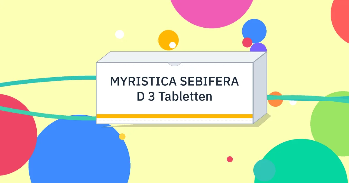 Symbolbild: Packung mit der Aufschrift MYRISTICA SEBIFERA D 3 Tabletten (PZN 00001399) – Verfügbarkeit und Bezug in Apotheken in Frankfurt am Main