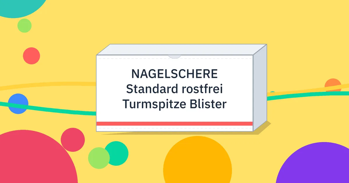 Symbolbild: Packung mit der Aufschrift NAGELSCHERE Standard rostfrei Turmspitze Blister (PZN 01572477) – Verfügbarkeit und Bezug in Apotheken in Frankfurt am Main