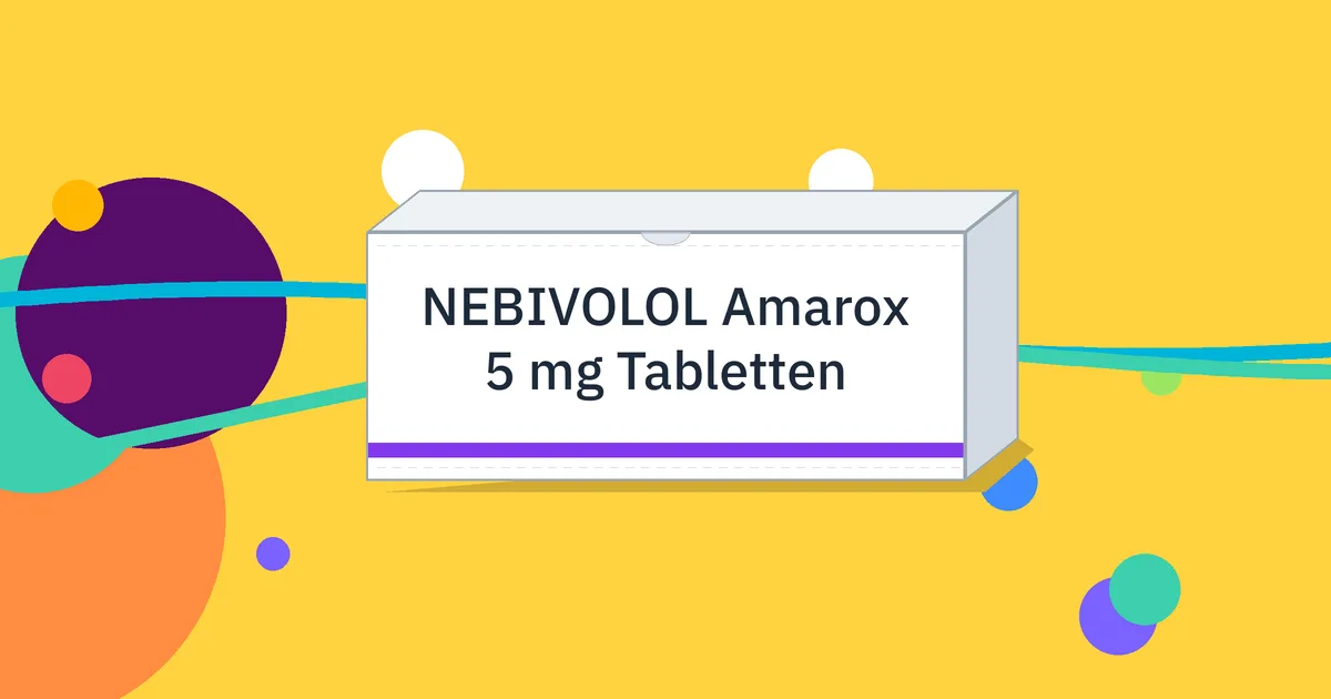 Symbolbild: Packung mit der Aufschrift NEBIVOLOL Amarox 5 mg Tabletten (PZN 16351859) – Verfügbarkeit und Bezug in Apotheken in Frankfurt am Main