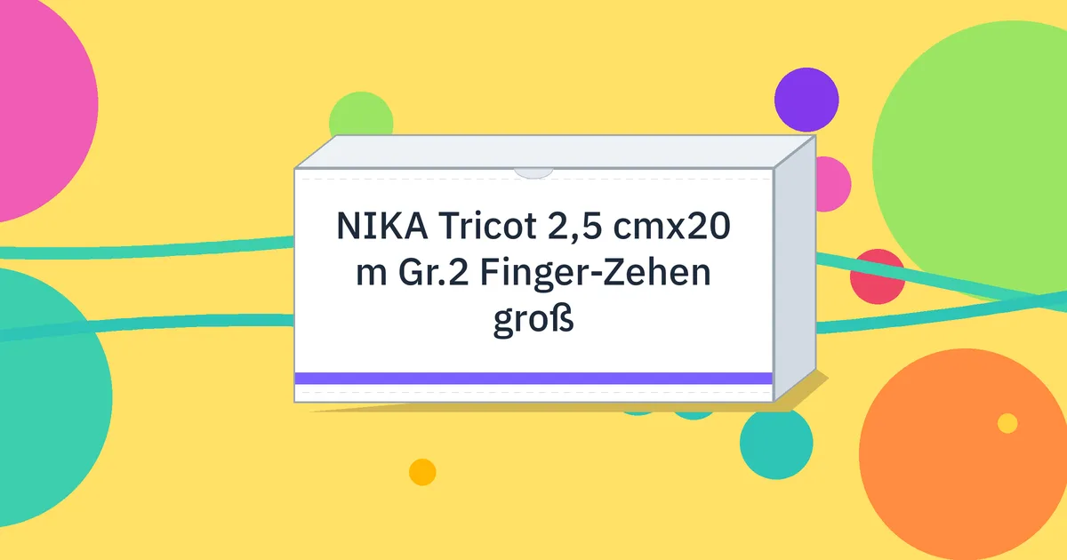 Symbolbild: Packung mit der Aufschrift NIKA Tricot 2,5 cmx20 m Gr.2 Finger-Zehen groß (PZN 18171831) – Verfügbarkeit und Bezug in Apotheken in Frankfurt am Main