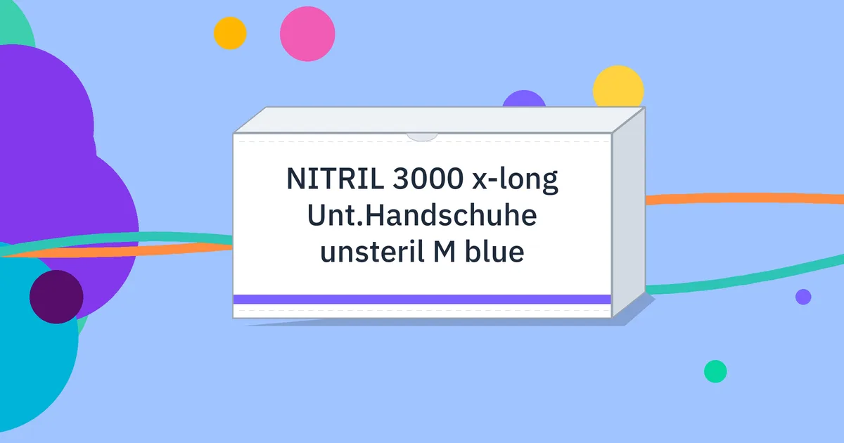 Symbolbild: Packung mit der Aufschrift NITRIL 3000 x-long Unt.Handschuhe unsteril M blue (PZN 00420802) – Verfügbarkeit und Bezug in Apotheken in Frankfurt am Main