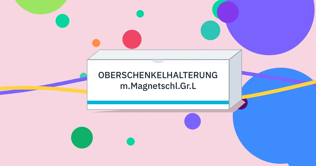 Symbolbild: Packung mit der Aufschrift OBERSCHENKELHALTERUNG m.Magnetschl.Gr.L (PZN 11574827) – Verfügbarkeit und Bezug in Apotheken in Frankfurt am Main