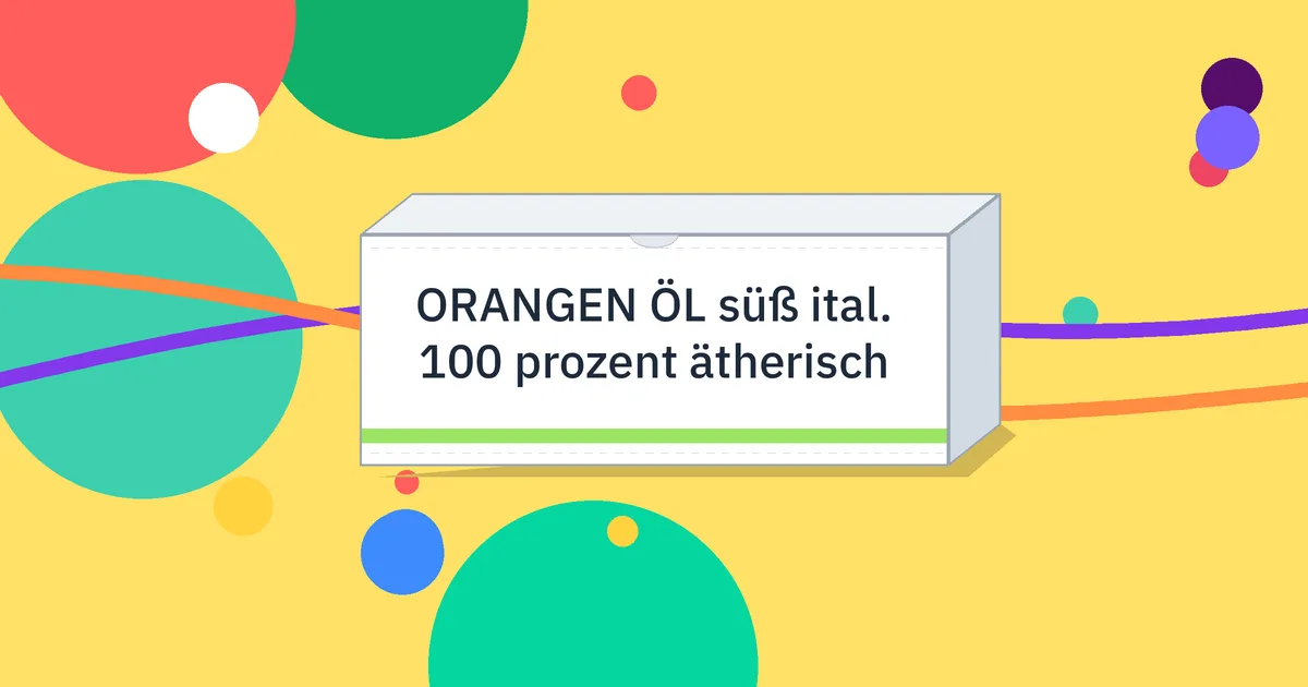 Symbolbild: Packung mit der Aufschrift ORANGEN ÖL süß ital. 100 prozent ätherisch (PZN 07617028) – Verfügbarkeit und Bezug in Apotheken in Frankfurt am Main