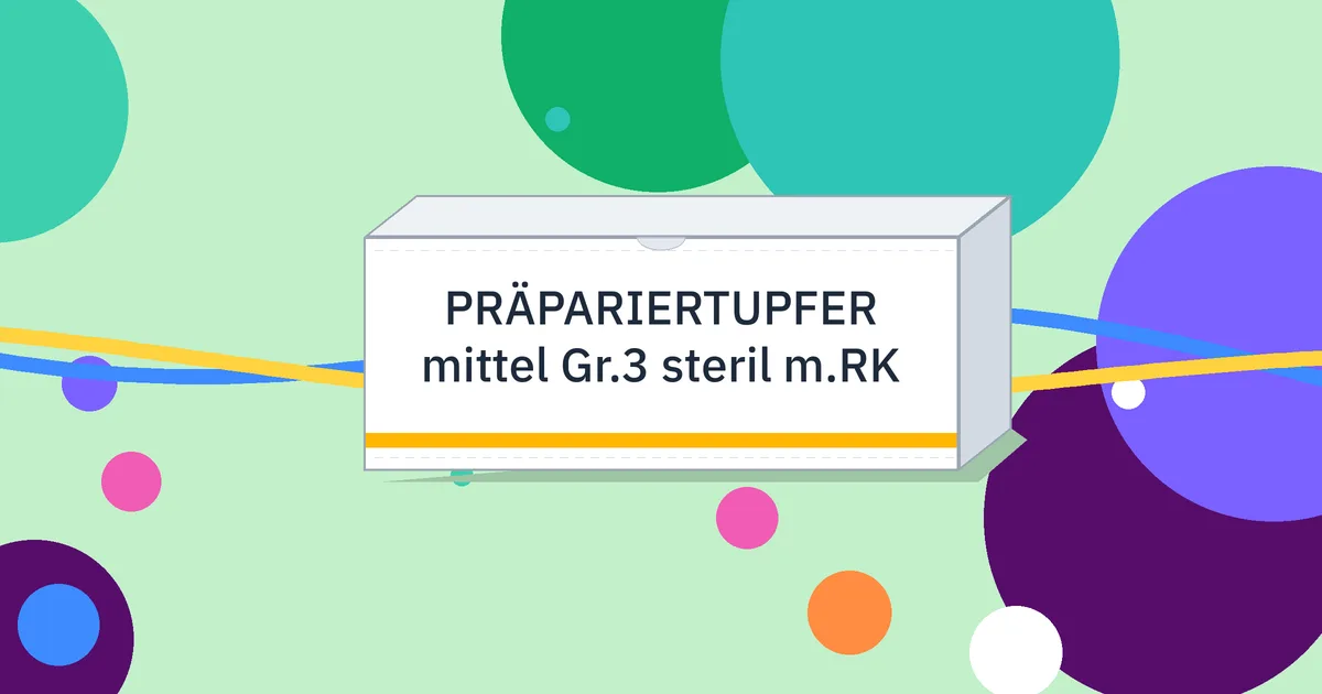 Symbolbild: Packung mit der Aufschrift PRÄPARIERTUPFER mittel Gr.3 steril m.RK (PZN 01381033) – Verfügbarkeit und Bezug in Apotheken in Frankfurt am Main