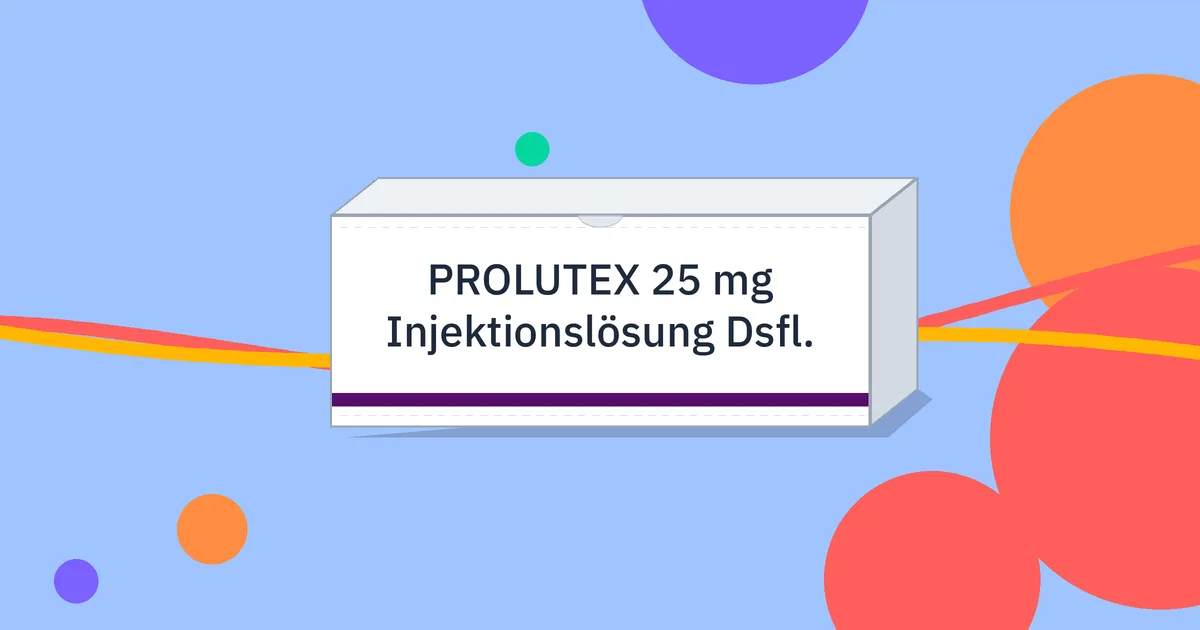 Symbolbild: Packung mit der Aufschrift PROLUTEX 25 mg Injektionslösung Dsfl. (PZN 10177076) – Verfügbarkeit und Bezug in Apotheken in Frankfurt am Main
