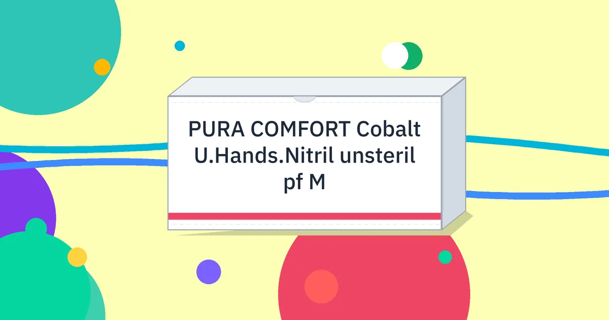 Symbolbild: Packung mit der Aufschrift PURA COMFORT Cobalt U.Hands.Nitril unsteril pf M (PZN 15620470) – Verfügbarkeit und Bezug in Apotheken in Frankfurt am Main