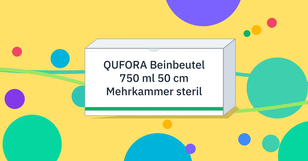 Symbolbild: Packung mit der Aufschrift QUFORA Beinbeutel 750 ml 50 cm Mehrkammer steril (PZN 06845655) – Verfügbarkeit und Bezug in Apotheken in Frankfurt am Main