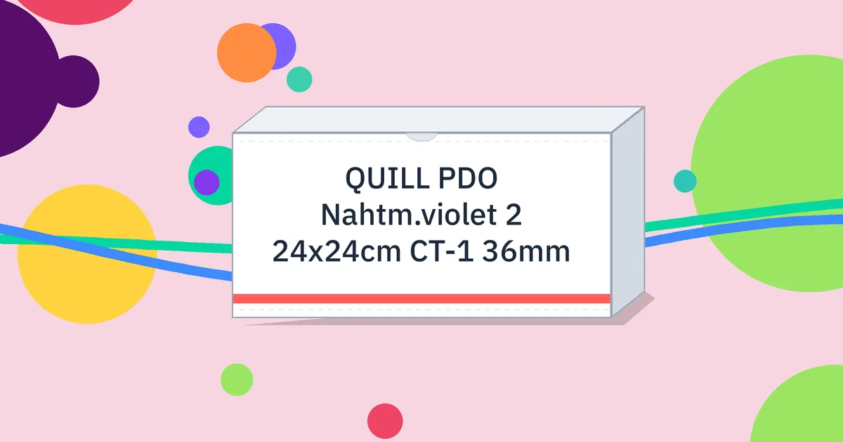 Symbolbild: Packung mit der Aufschrift QUILL PDO Nahtm.violet 2 24x24cm CT-1 36mm (PZN 17989535) – Verfügbarkeit und Bezug in Apotheken in Frankfurt am Main