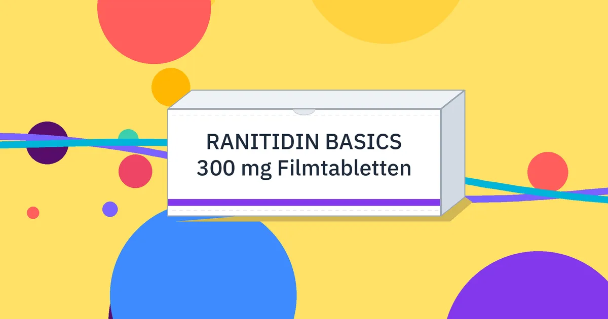 Symbolbild: Packung mit der Aufschrift RANITIDIN BASICS 300 mg Filmtabletten (PZN 07568028) – Verfügbarkeit und Bezug in Apotheken in Frankfurt am Main