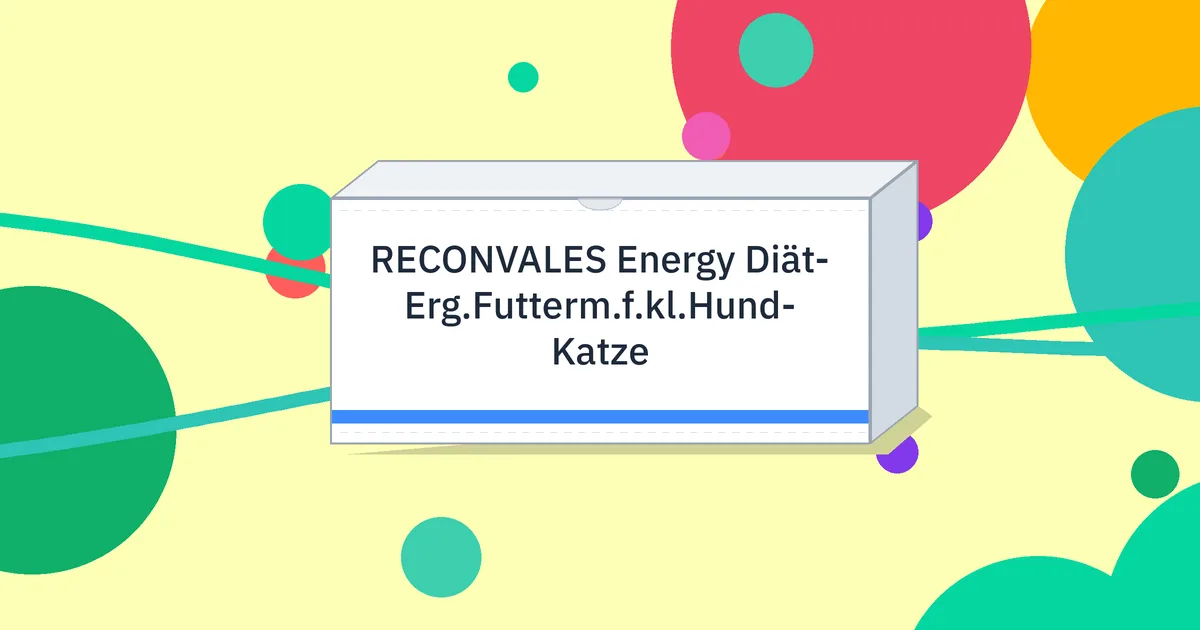 Symbolbild: Packung mit der Aufschrift RECONVALES Energy Diät-Erg.Futterm.f.kl.Hund-Katze (PZN 16121094) – Verfügbarkeit und Bezug in Apotheken in Frankfurt am Main