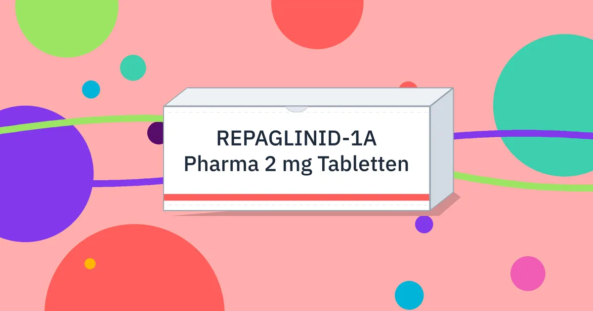 Symbolbild: Packung mit der Aufschrift REPAGLINID-1A Pharma 2 mg Tabletten (PZN 09121248) – Verfügbarkeit und Bezug in Apotheken in Frankfurt am Main