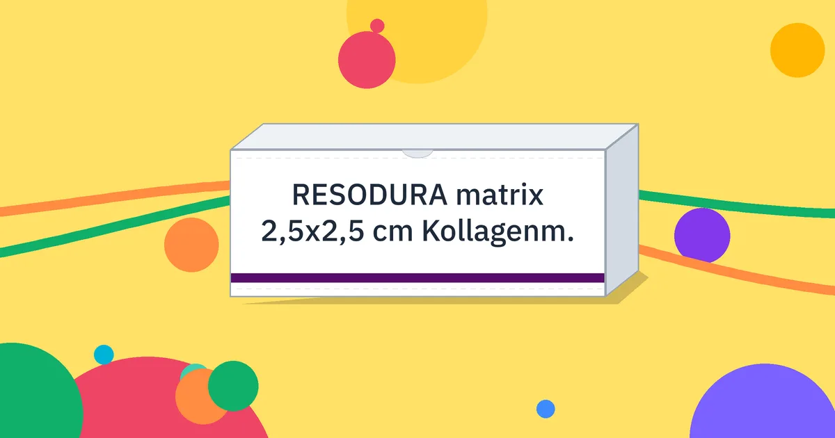 Symbolbild: Packung mit der Aufschrift RESODURA matrix 2,5x2,5 cm Kollagenm. (PZN 14303945) – Verfügbarkeit und Bezug in Apotheken in Frankfurt am Main