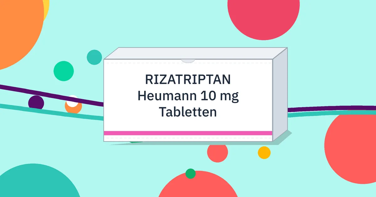 Symbolbild: Packung mit der Aufschrift RIZATRIPTAN Heumann 10 mg Tabletten (PZN 11871353) – Verfügbarkeit und Bezug in Apotheken in Frankfurt am Main