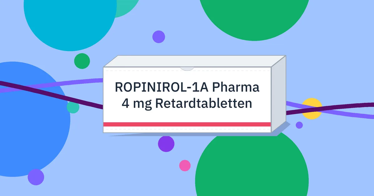 Symbolbild: Packung mit der Aufschrift ROPINIROL-1A Pharma 4 mg Retardtabletten (PZN 09080673) – Verfügbarkeit und Bezug in Apotheken in Frankfurt am Main