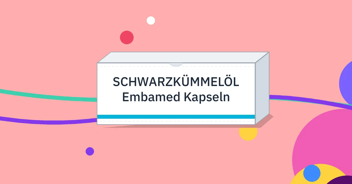 Symbolbild: Packung mit der Aufschrift SCHWARZKÜMMELÖL Embamed Kapseln (PZN 06923355) – Verfügbarkeit und Bezug in Apotheken in Frankfurt am Main