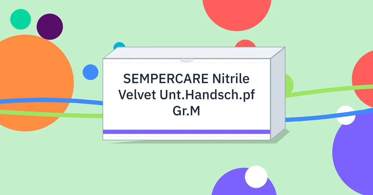 Symbolbild: Packung mit der Aufschrift SEMPERCARE Nitrile Velvet Unt.Handsch.pf Gr.M (PZN 12643861) – Verfügbarkeit und Bezug in Apotheken in Frankfurt am Main