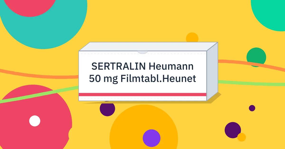 Symbolbild: Packung mit der Aufschrift SERTRALIN Heumann 50 mg Filmtabl.Heunet (PZN 05890412) – Verfügbarkeit und Bezug in Apotheken in Frankfurt am Main