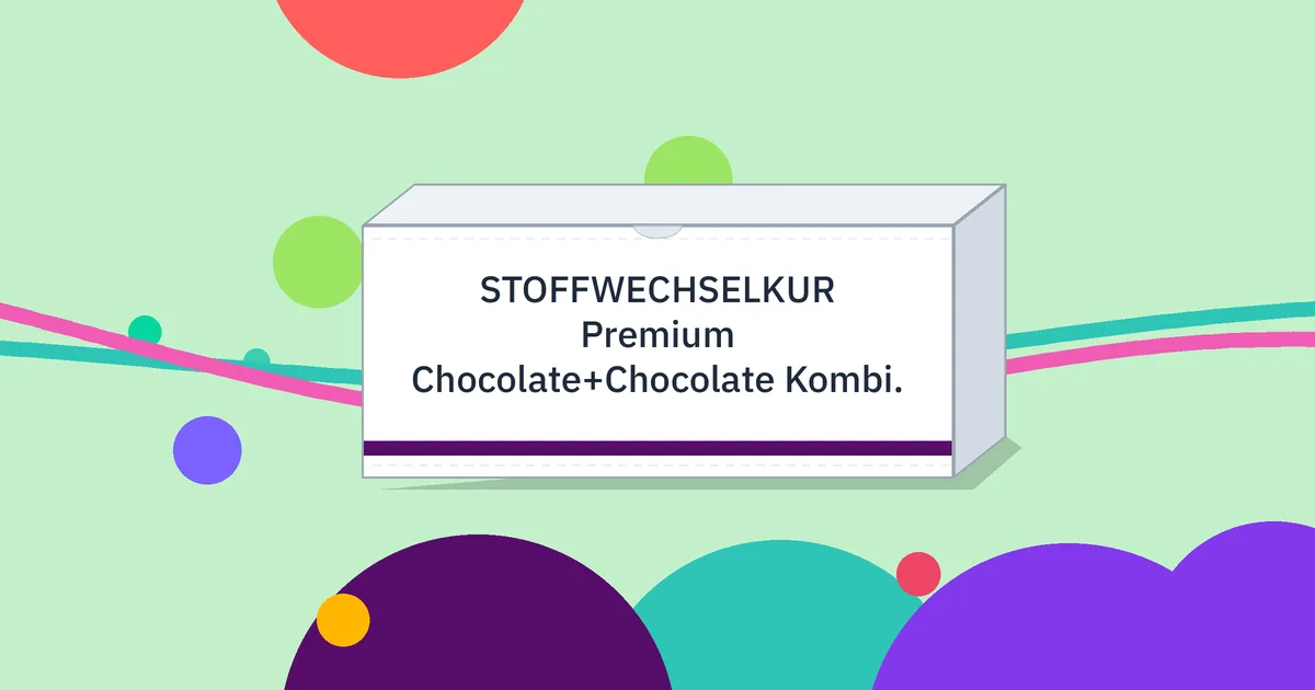 Symbolbild: Packung mit der Aufschrift STOFFWECHSELKUR Premium Chocolate+Chocolate Kombi. (PZN 14044225) – Verfügbarkeit und Bezug in Apotheken in Frankfurt am Main