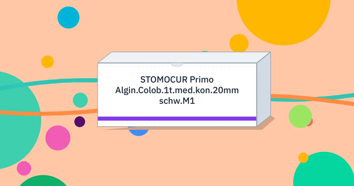 Symbolbild: Packung mit der Aufschrift STOMOCUR Primo Algin.Colob.1t.med.kon.20mm schw.M1 (PZN 19536594) – Verfügbarkeit und Bezug in Apotheken in Frankfurt am Main