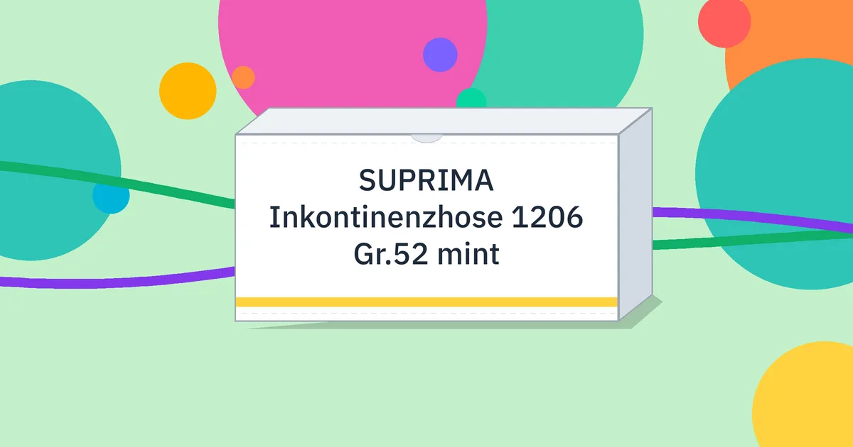 Symbolbild: Packung mit der Aufschrift SUPRIMA Inkontinenzhose 1206 Gr.52 mint (PZN 07632507) – Verfügbarkeit und Bezug in Apotheken in Frankfurt am Main