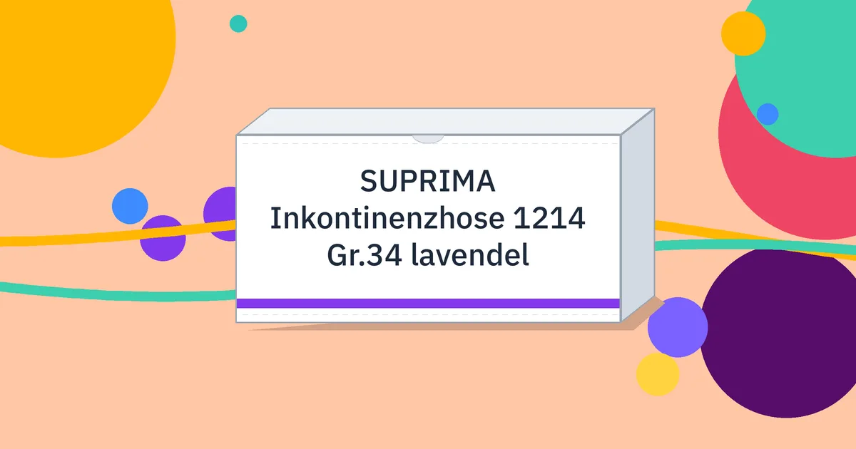 Symbolbild: Packung mit der Aufschrift SUPRIMA Inkontinenzhose 1214 Gr.34 lavendel (PZN 02852256) – Verfügbarkeit und Bezug in Apotheken in Frankfurt am Main