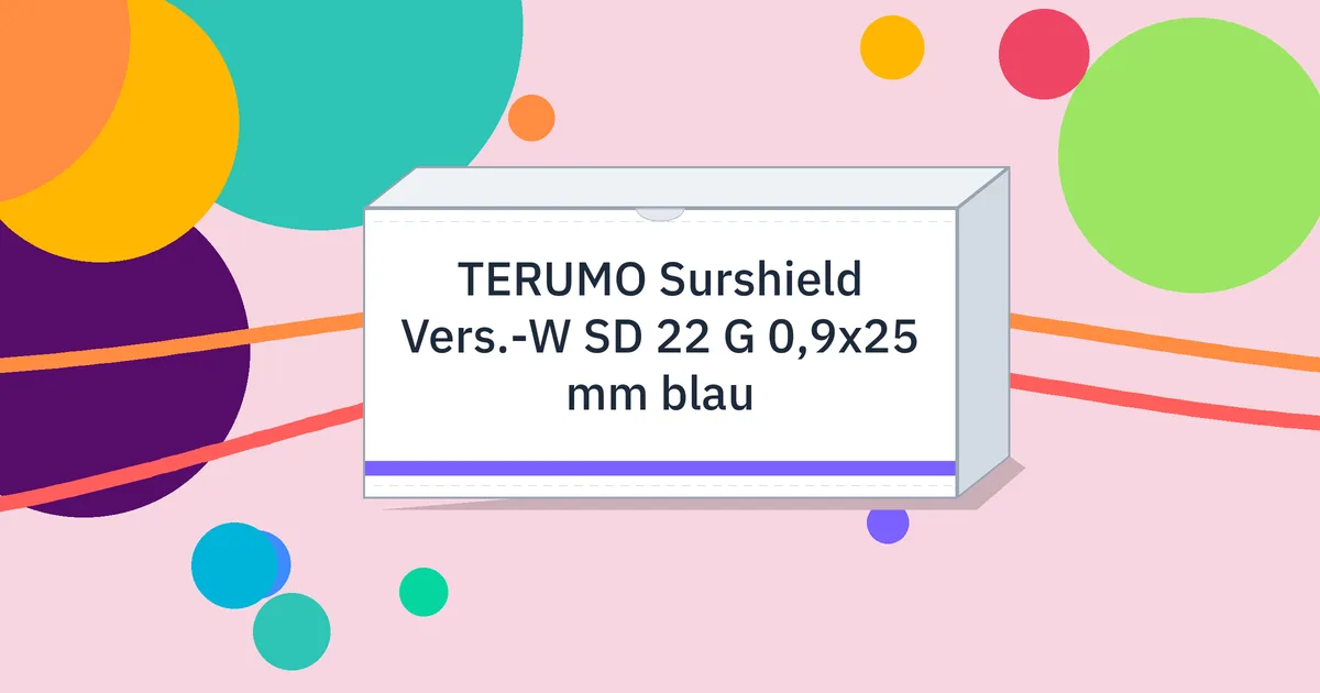 Symbolbild: Packung mit der Aufschrift TERUMO Surshield Vers.-W SD 22 G 0,9x25 mm blau (PZN 17630656) – Verfügbarkeit und Bezug in Apotheken in Frankfurt am Main