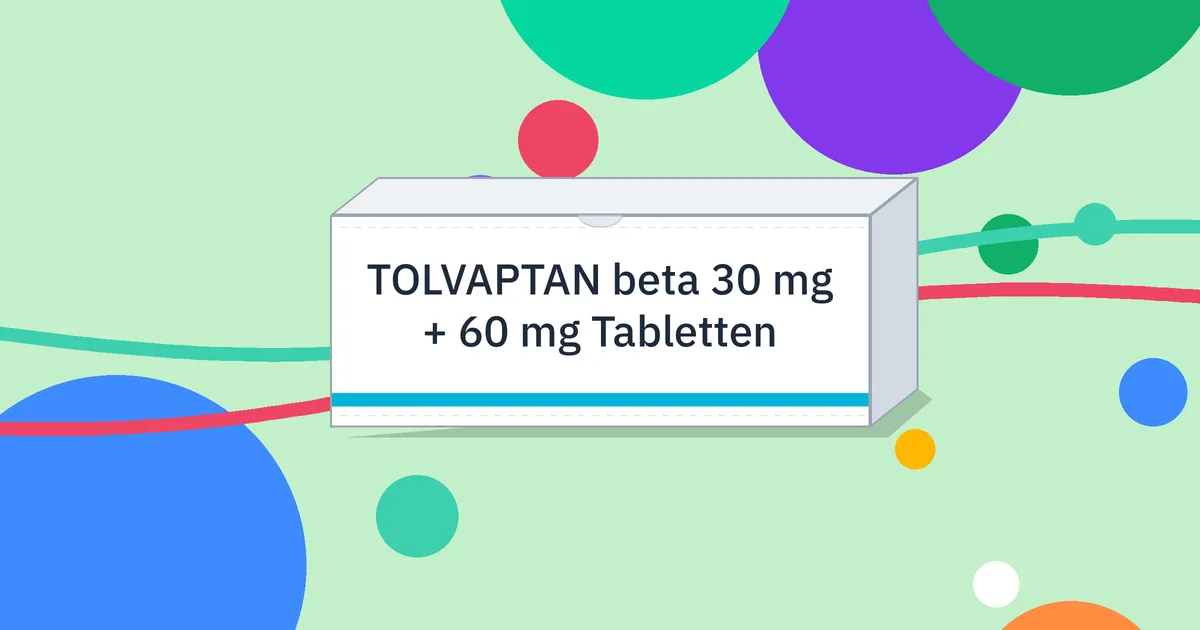Symbolbild: Packung mit der Aufschrift TOLVAPTAN beta 30 mg + 60 mg Tabletten (PZN 19155389) – Verfügbarkeit und Bezug in Apotheken in Frankfurt am Main