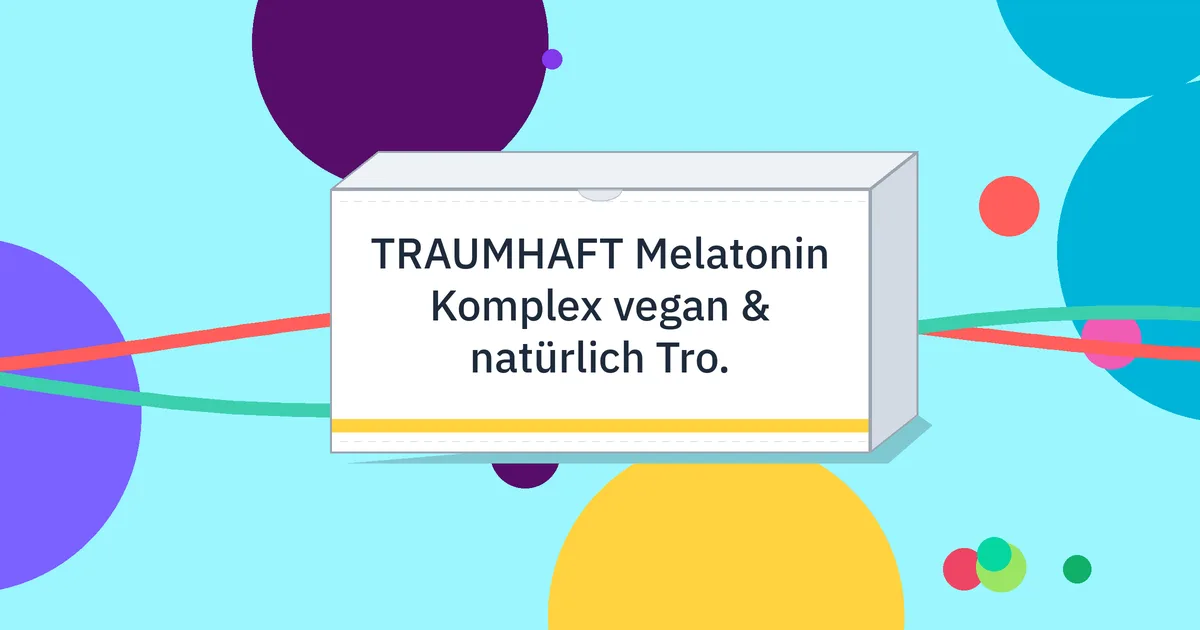 Symbolbild: Packung mit der Aufschrift TRAUMHAFT Melatonin Komplex vegan & natürlich Tro. (PZN 17505572) – Verfügbarkeit und Bezug in Apotheken in Frankfurt am Main