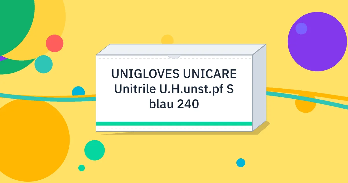 Symbolbild: Packung mit der Aufschrift UNIGLOVES UNICARE Unitrile U.H.unst.pf S blau 240 (PZN 20189152) – Verfügbarkeit und Bezug in Apotheken in Frankfurt am Main