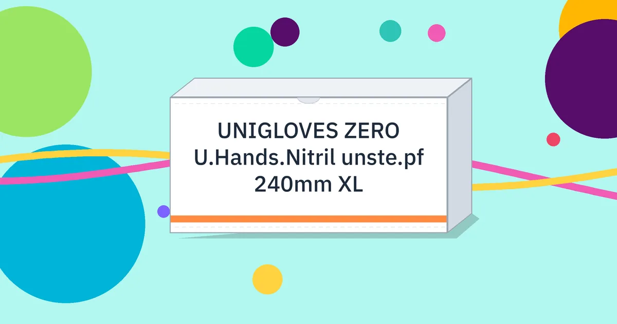 Symbolbild: Packung mit der Aufschrift UNIGLOVES ZERO U.Hands.Nitril unste.pf 240mm XL (PZN 20079127) – Verfügbarkeit und Bezug in Apotheken in Frankfurt am Main