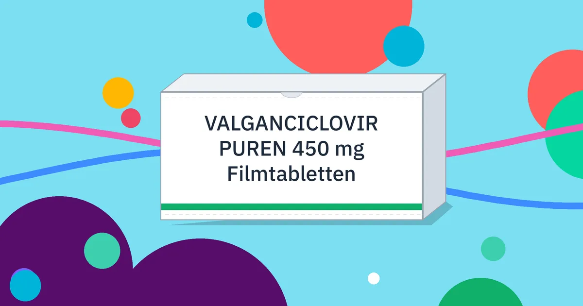 Symbolbild: Packung mit der Aufschrift VALGANCICLOVIR PUREN 450 mg Filmtabletten (PZN 18676784) – Verfügbarkeit und Bezug in Apotheken in Frankfurt am Main