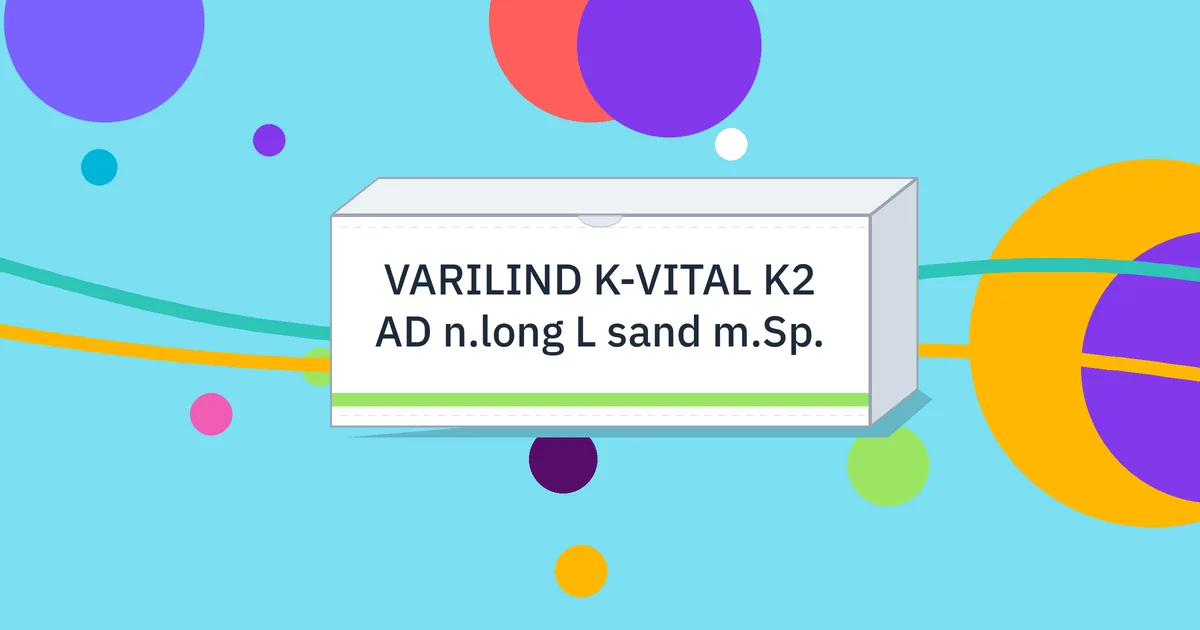 Symbolbild: Packung mit der Aufschrift VARILIND K-VITAL K2 AD n.long L sand m.Sp. (PZN 20567418) – Verfügbarkeit und Bezug in Apotheken in Frankfurt am Main