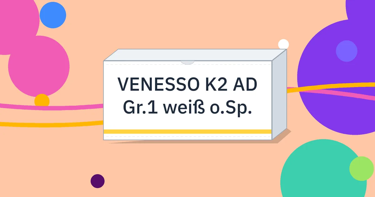 Symbolbild: Packung mit der Aufschrift VENESSO K2 AD Gr.1 weiß o.Sp. (PZN 03260374) – Verfügbarkeit und Bezug in Apotheken in Frankfurt am Main