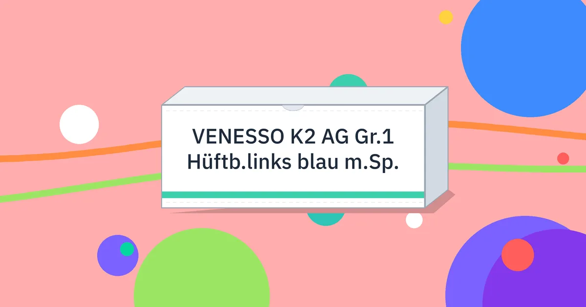 Symbolbild: Packung mit der Aufschrift VENESSO K2 AG Gr.1 Hüftb.links blau m.Sp. (PZN 03266187) – Verfügbarkeit und Bezug in Apotheken in Frankfurt am Main