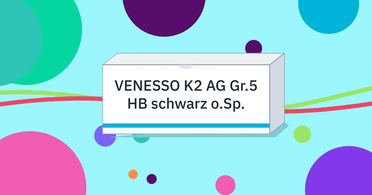 Symbolbild: Packung mit der Aufschrift VENESSO K2 AG Gr.5 HB schwarz o.Sp. (PZN 03265785) – Verfügbarkeit und Bezug in Apotheken in Frankfurt am Main
