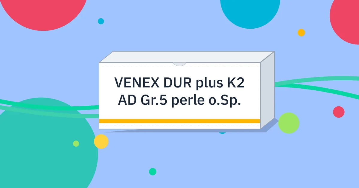 Symbolbild: Packung mit der Aufschrift VENEX DUR plus K2 AD Gr.5 perle o.Sp. (PZN 03234164) – Verfügbarkeit und Bezug in Apotheken in Frankfurt am Main